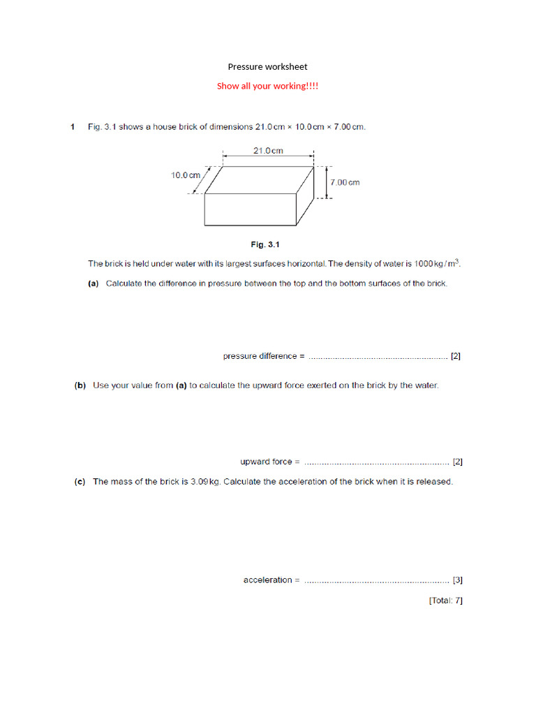 Pressure Worksheet | PDF