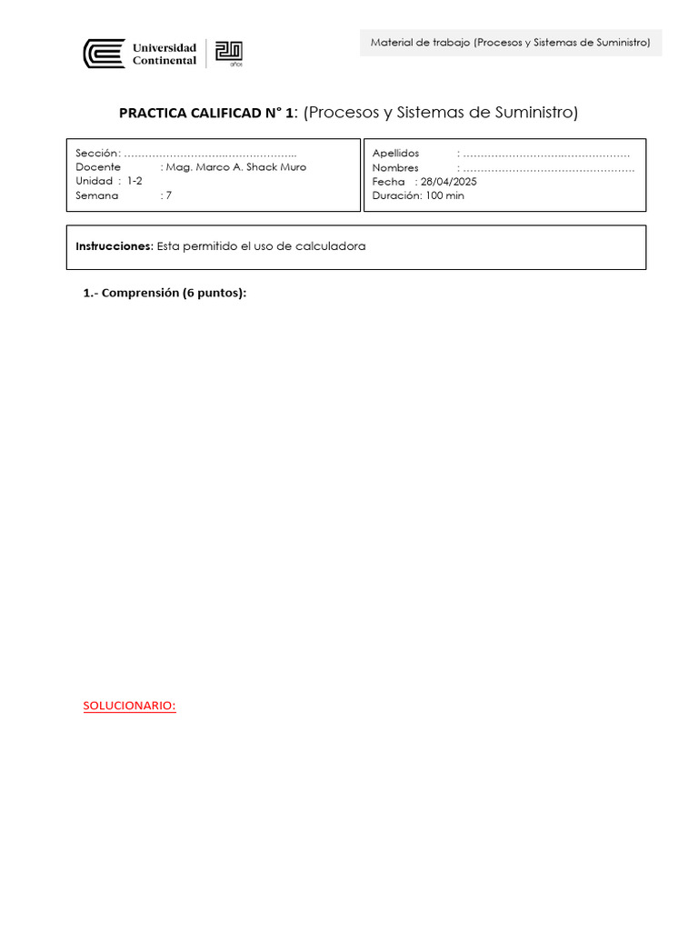 Practica Calificada N°1 PSS 2025-1 - Solucionario | PDF | Paleta