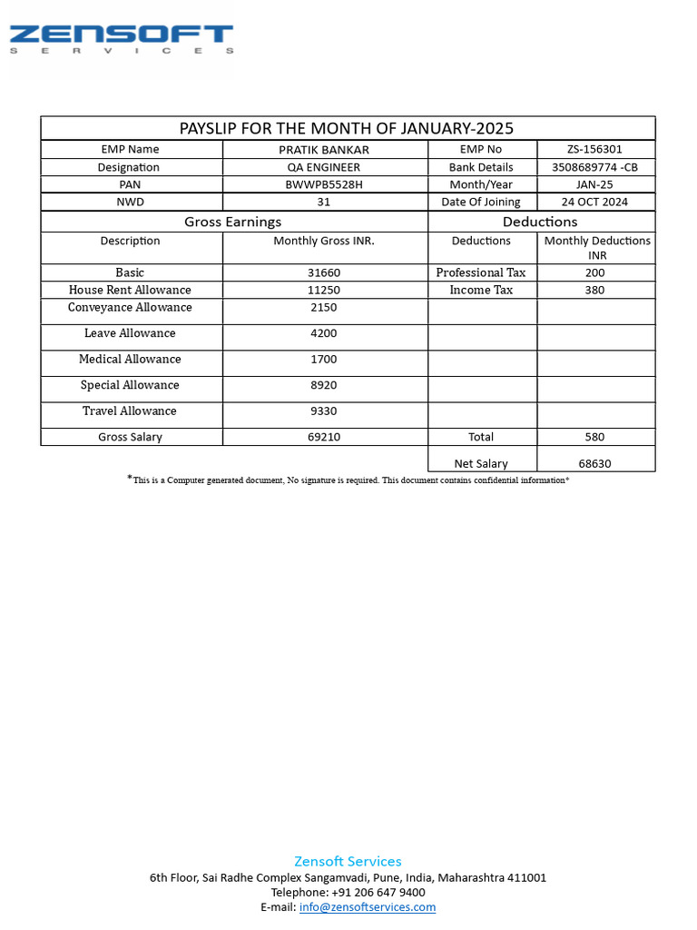 ZS - JAN - 2025 - ZS156301 - Payslip | PDF