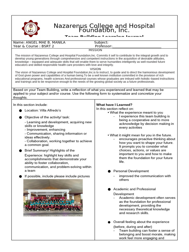 Team Building Reflection Journal | PDF | Team Building | Cognition