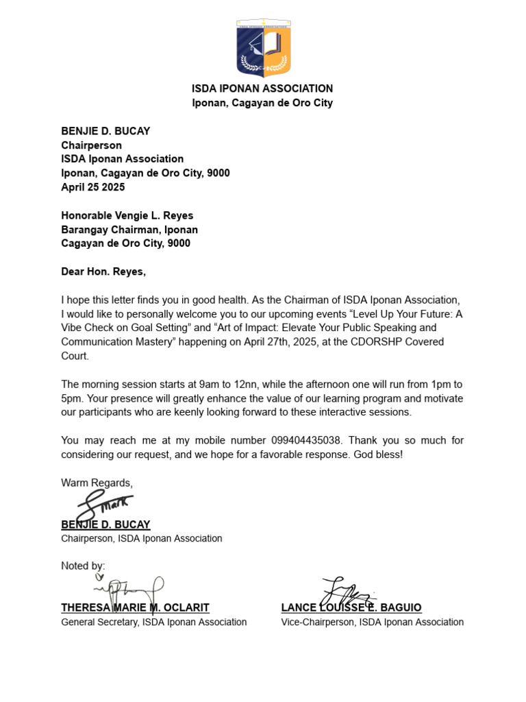 Barangay Invitation Letter ISDA Iponan | PDF