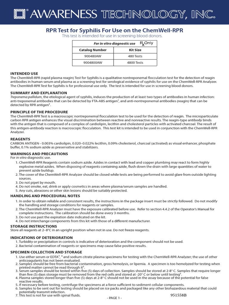 951558B Chemwell-RPR Test Insert v2 | PDF | Antibody | Sensitivity And ...