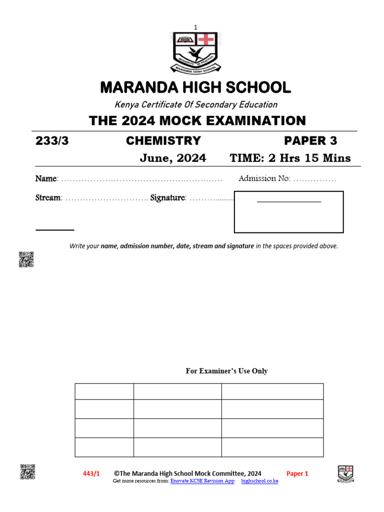 Chem Pp3 Qns (1) Maranda High Mock 2024 | PDF | Acid | Titration