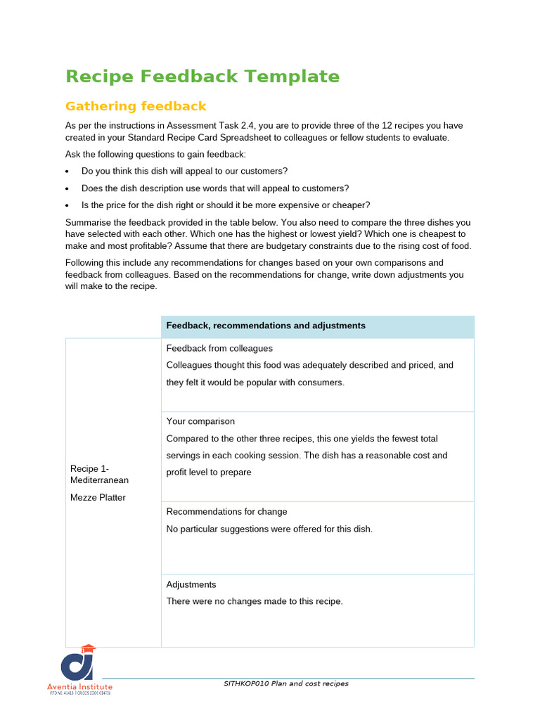 Recipe Feedback and Adjustments Guide | PDF | Recipe | Business Economics