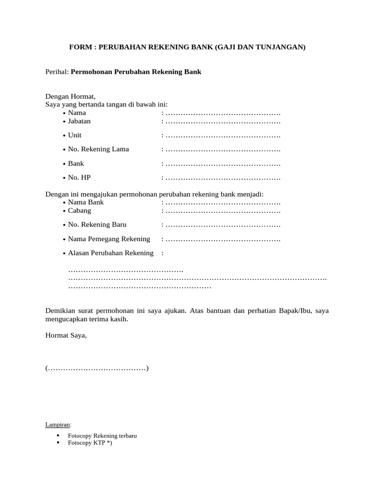 Form Surat Permohonan Pindah Rekeing Bank RS Unhas | PDF