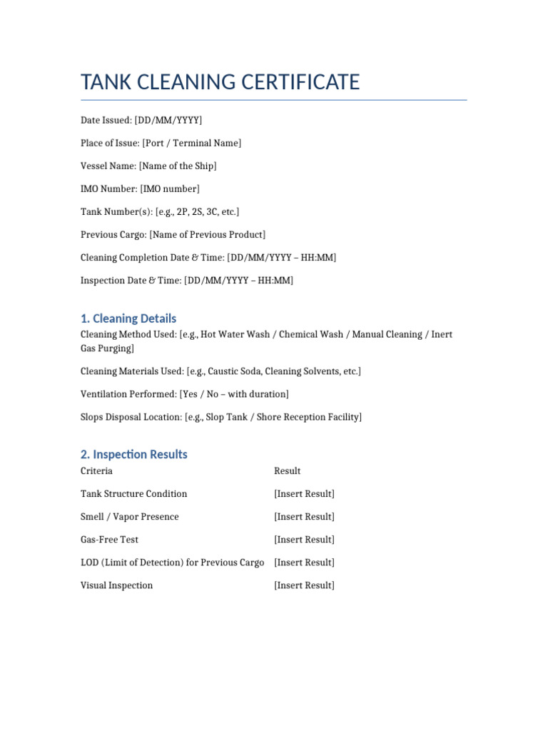 Tank Cleaning Certificate Template | PDF