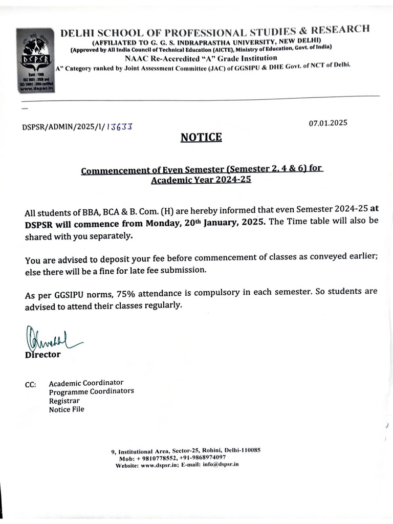Notice Regarding Commencement of Classes | PDF