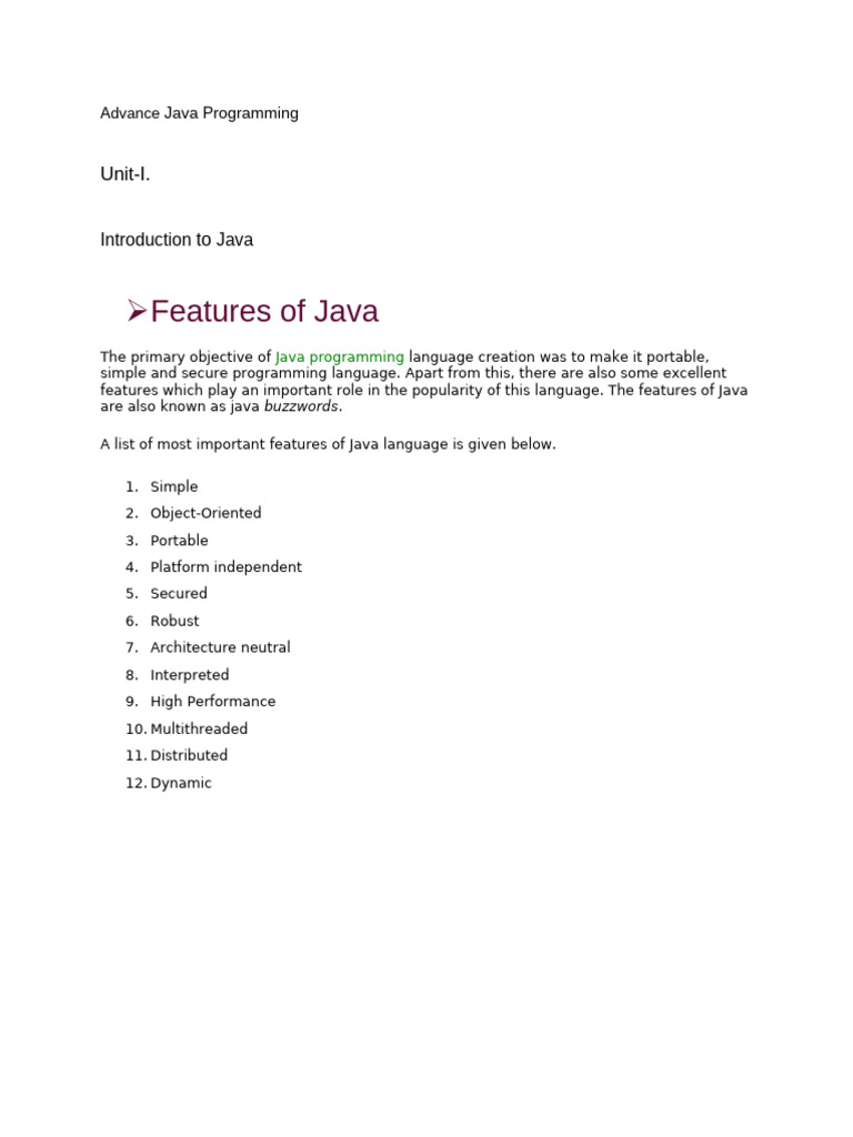 Features of Java: Unit-I | PDF | Java (Programming Language) | Object Oriented Programming