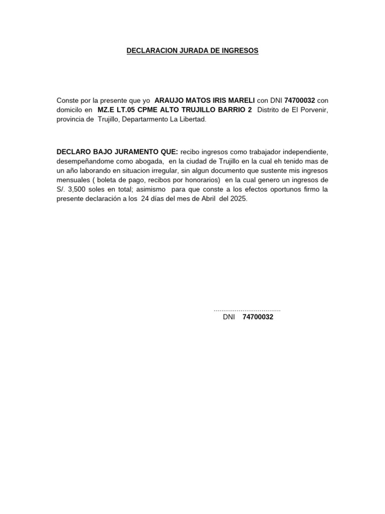 Declaracion Jurada de Ingresos | PDF