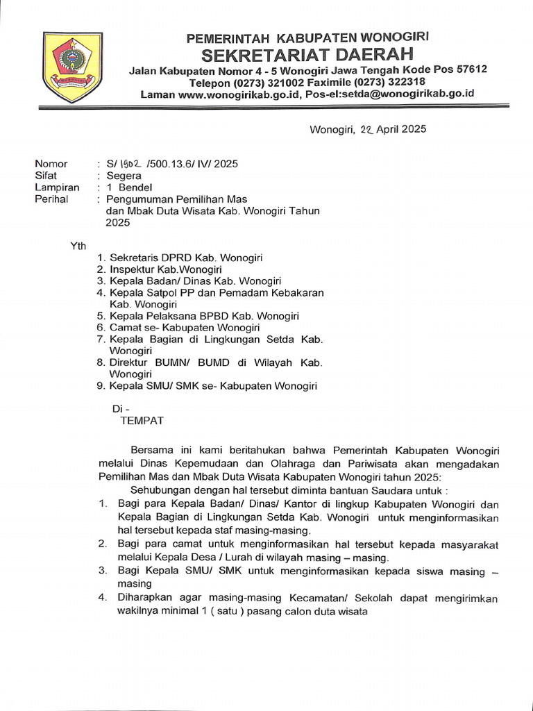 Pangumuman Pemilihan Mas Dan Mbak Duta Wisata Kab Wonogiri TH 2025 | PDF