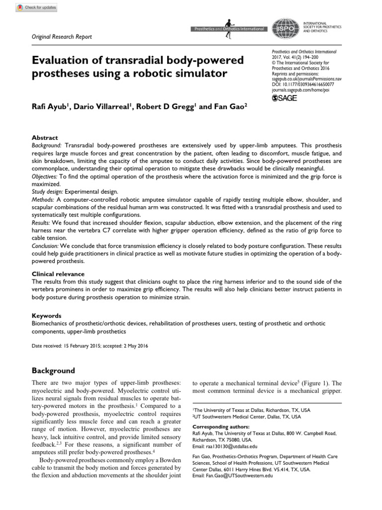 Ayub Et Al 2016 Evaluation of Transradial Body Powered Prostheses Using ...