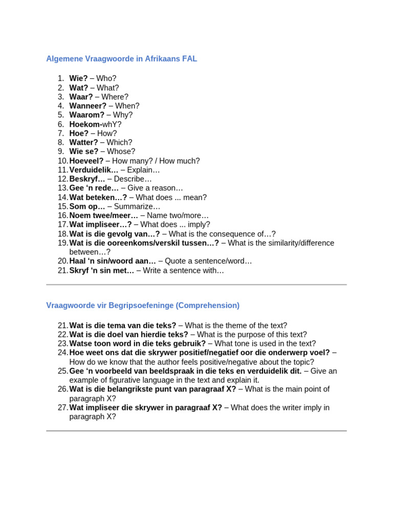 Algemene Vraagwoorde in Afrikaans FAL | PDF