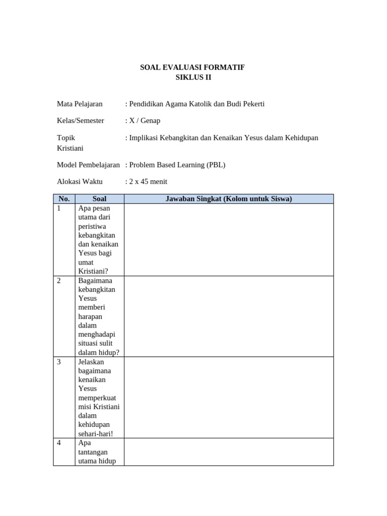 Soal Evaluasi Formative Siklus II | PDF