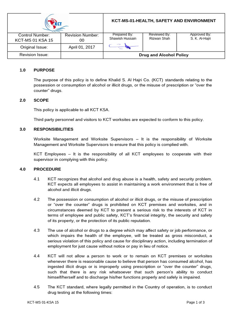 KCT-MS 01 - KSA 15 - Drugs and Alcohol Policy | PDF | Substance Abuse ...