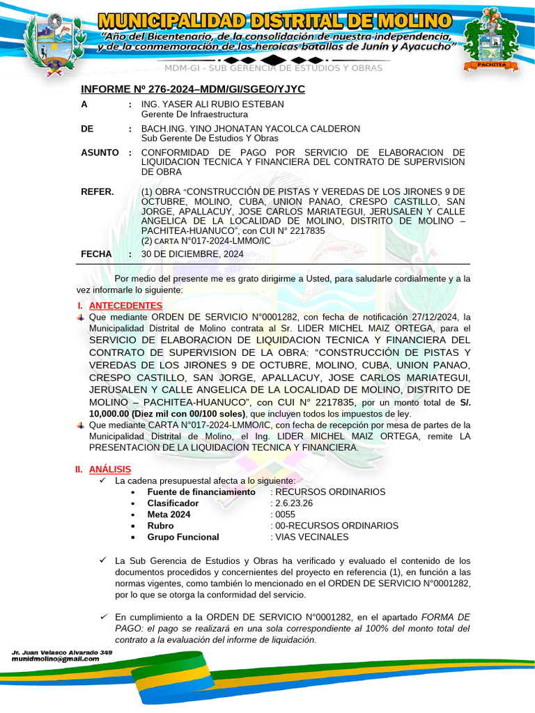 Informe #276-2024-Sgeo-Yjyc - Conformidad de Pago Liquidacion Pistas ...