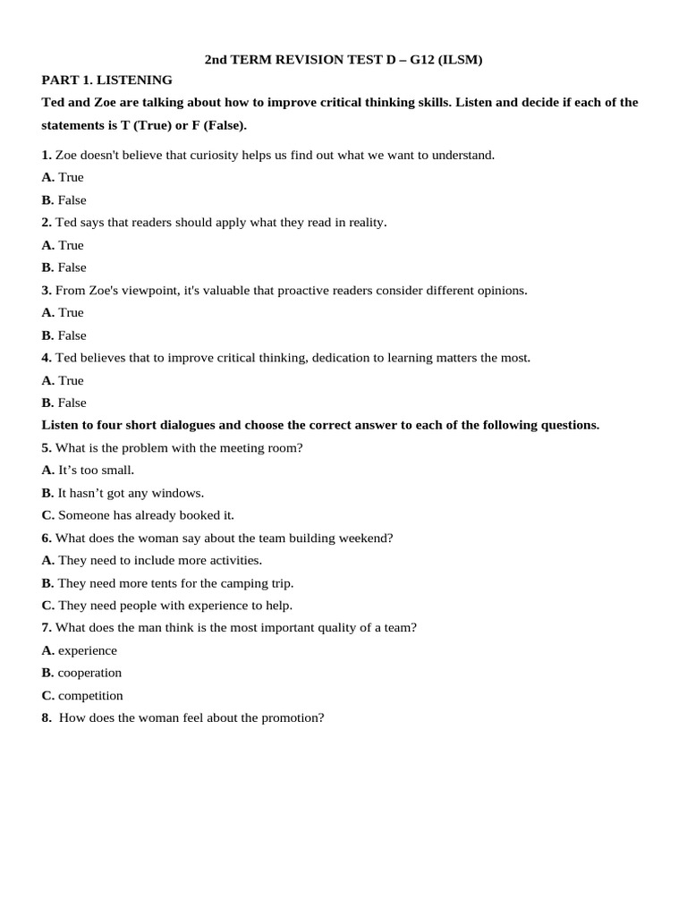2nd Term Revision Test D g12 Ilsm | PDF | Employee Retention ...
