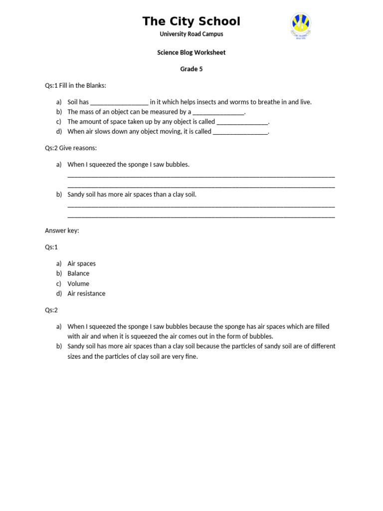 Grade 5 Science Worksheet Answers | PDF