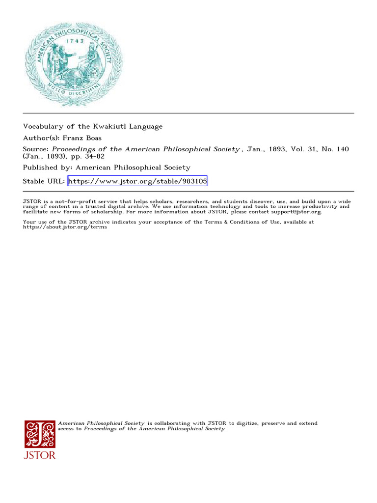 Boas VocabularyKwakiutlLanguage 1893 | PDF | Vowel