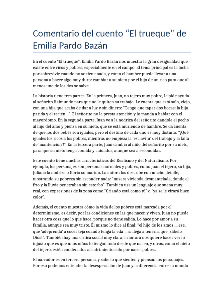 Comentario Del Cuento "El Trueque" de Emilia Pardo Bazán | PDF