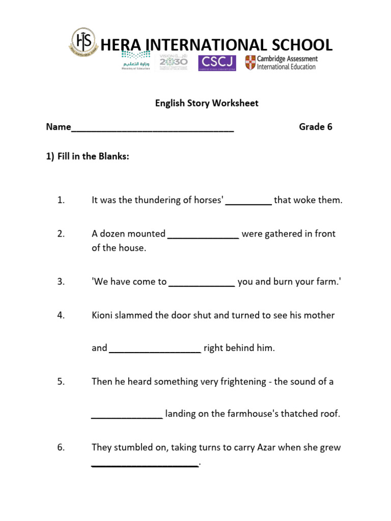 Grade 6 English Story Worksheet | PDF