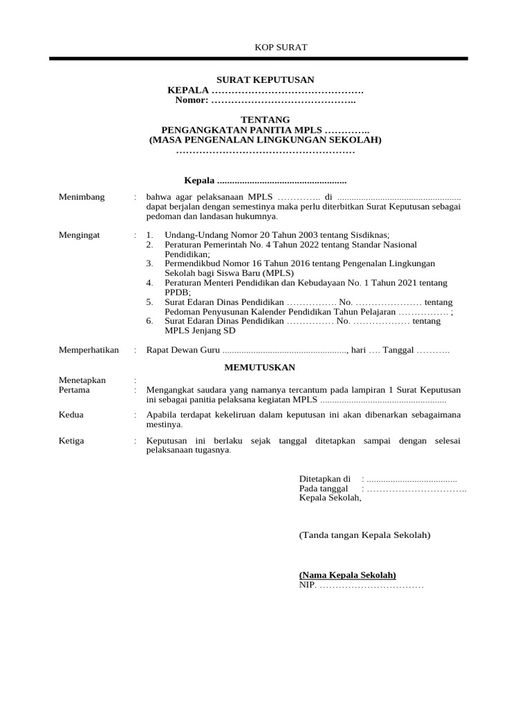 Contoh SK Panitia MPLS | PDF