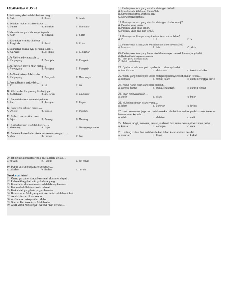 Akidah Akhlak Kelas 1 | PDF