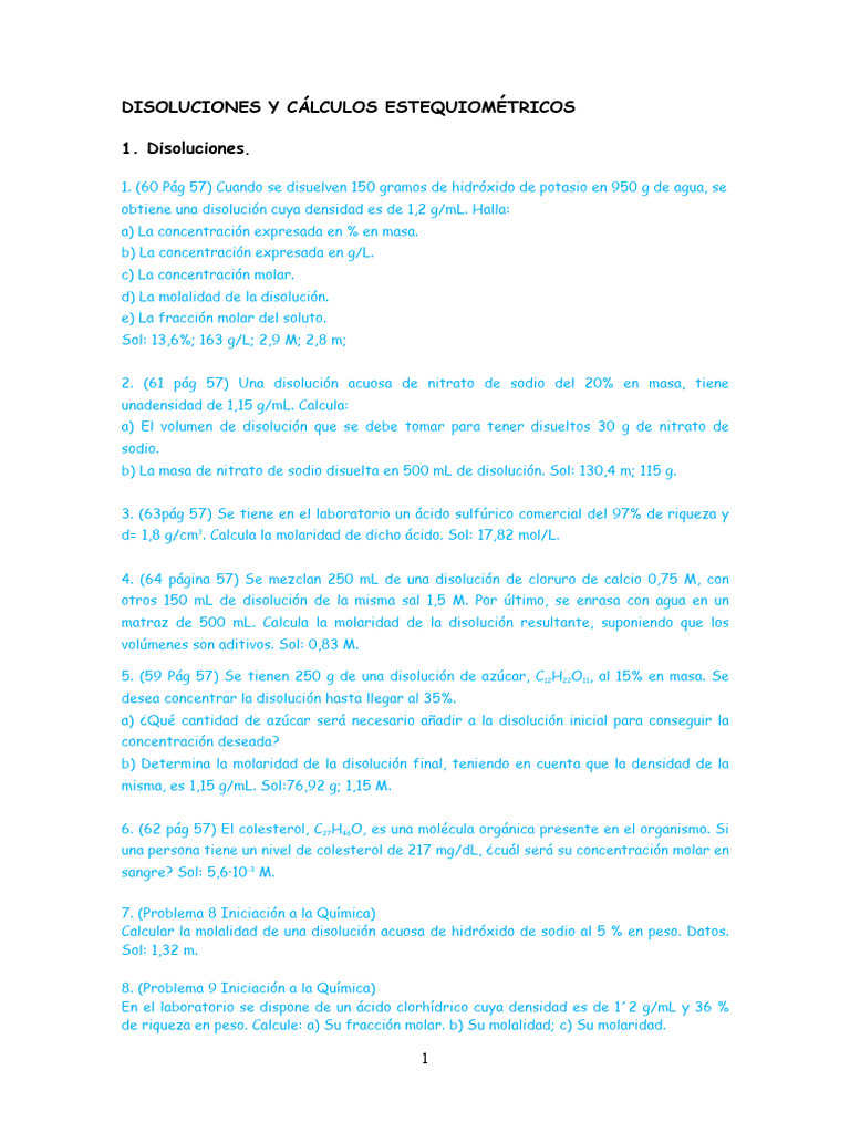 Relación Disoluciones y Cálculos Estequiométricos | PDF | Concentración | Ácido clorhídrico