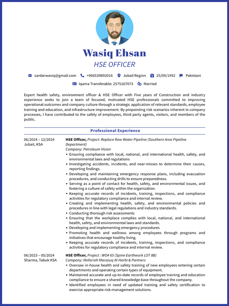 HSE Officer Resume: Wasiq Ehsan | PDF | Safety | Occupational Safety ...