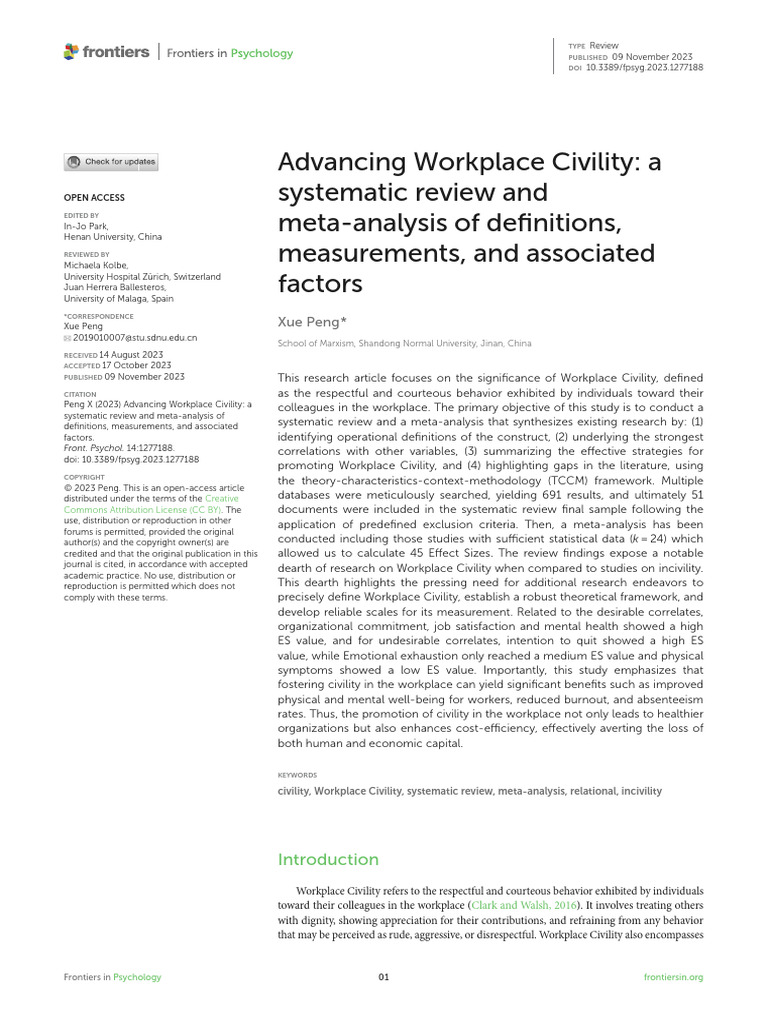 Advancing Workplace Civility - A Systematic Review and Meta-Analysis of ...