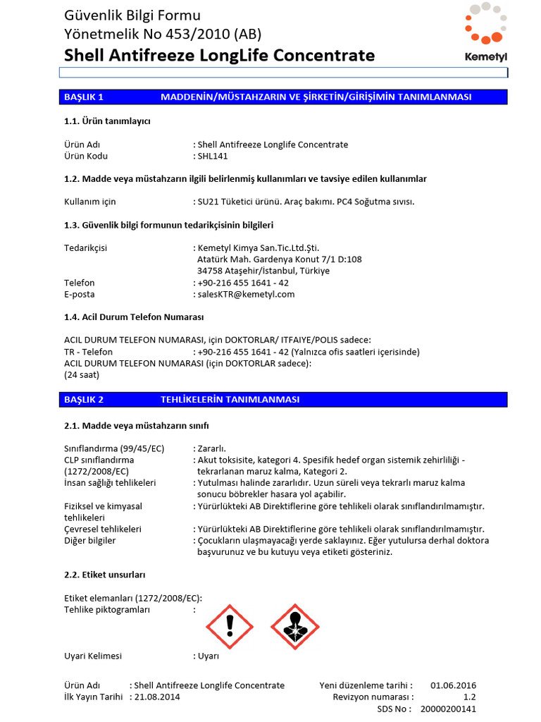 Shell Antifreeze Longlife Concentrate Msds TR | PDF
