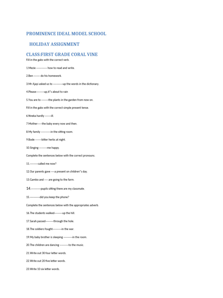 Grade One Coral Vine Holiday Assignment | PDF