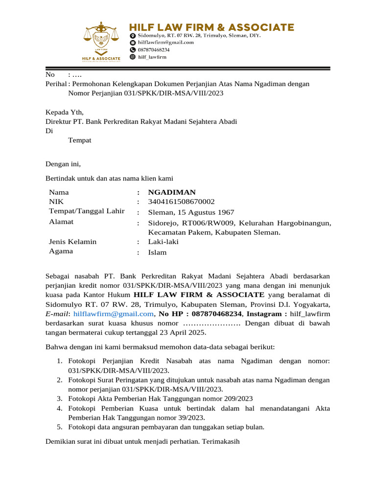 Surat Permohonan Kepada BPR MSA | PDF