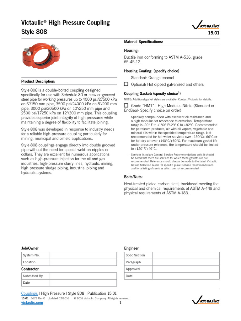 15.01 Victaulic 808 High Pressure | PDF | Pipe (Fluid Conveyance) | Patent