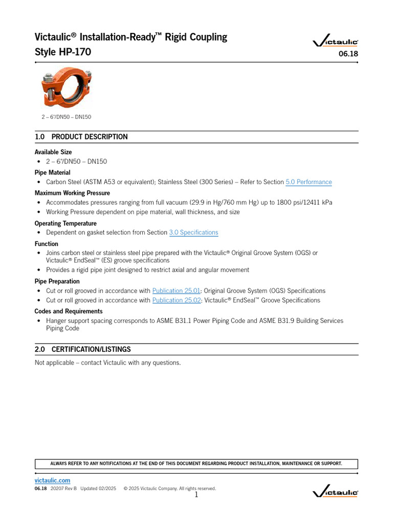 Victaulic HP-170 Rigid Coupling Specs | PDF | Pipe (Fluid Conveyance ...