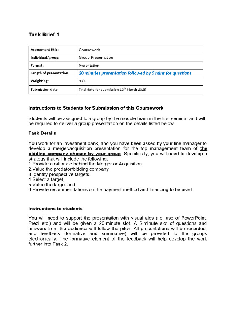 Mergers and Aquisitions 2024 25 Assessment Brief and Marking Criteria ...