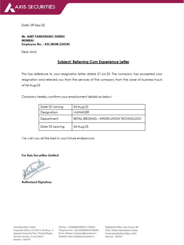 Axis Scurities Reliving Letter | PDF