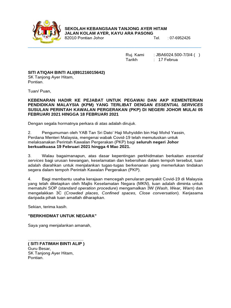 Surat Arahan Tugas KPM PKP Johor | PDF