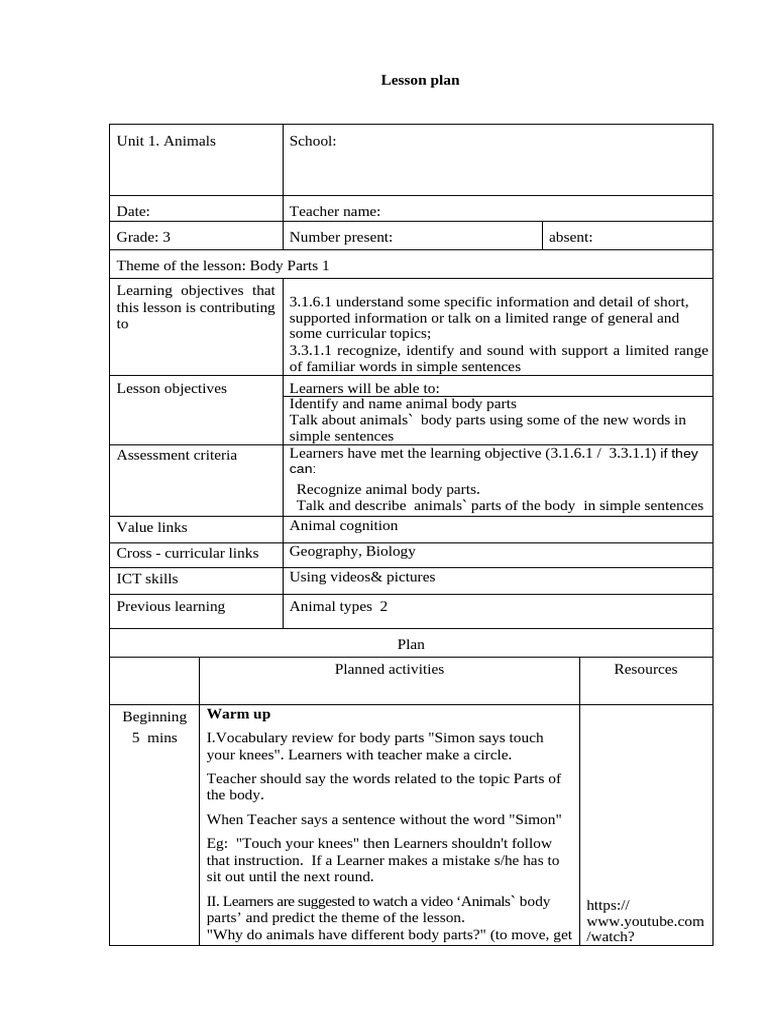 English Grade-3 Unit-1 Animals Body-Parts-1 Lesson-Plan Version-1 Doc ...