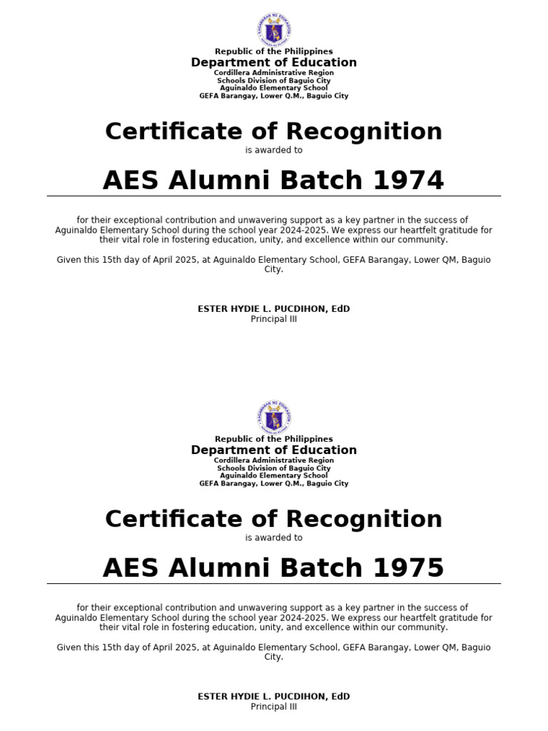 Certificate of Recognition ALUMNI | PDF