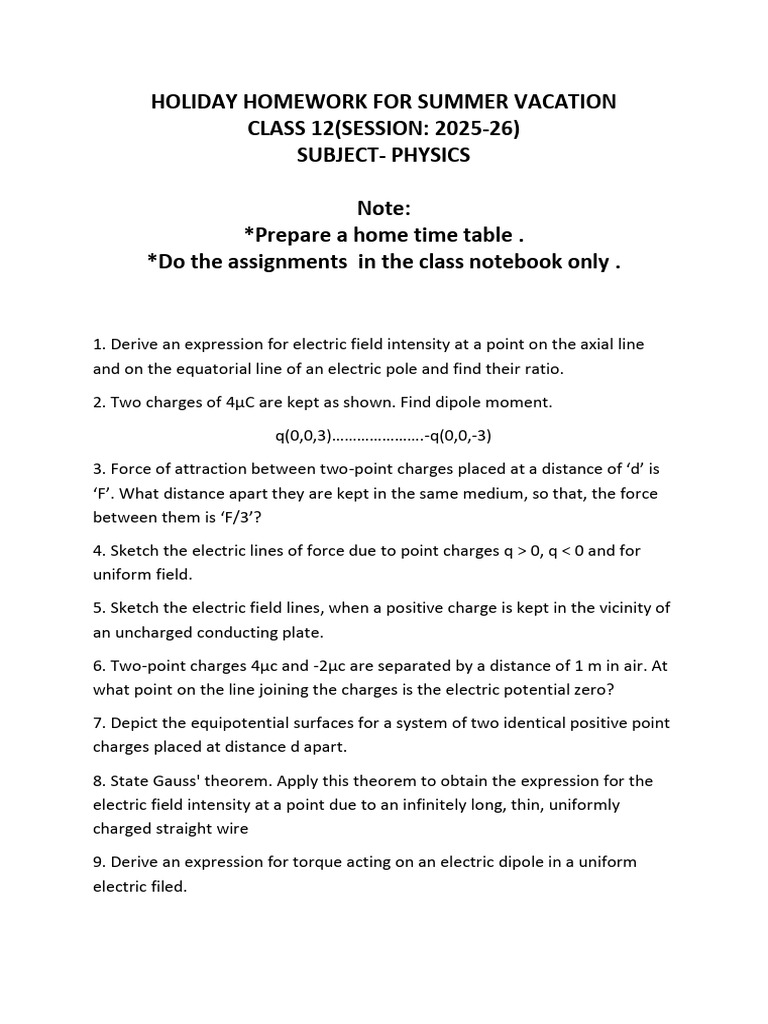 Class 12 Physics Summer Homework Guide | PDF | Applied And ...