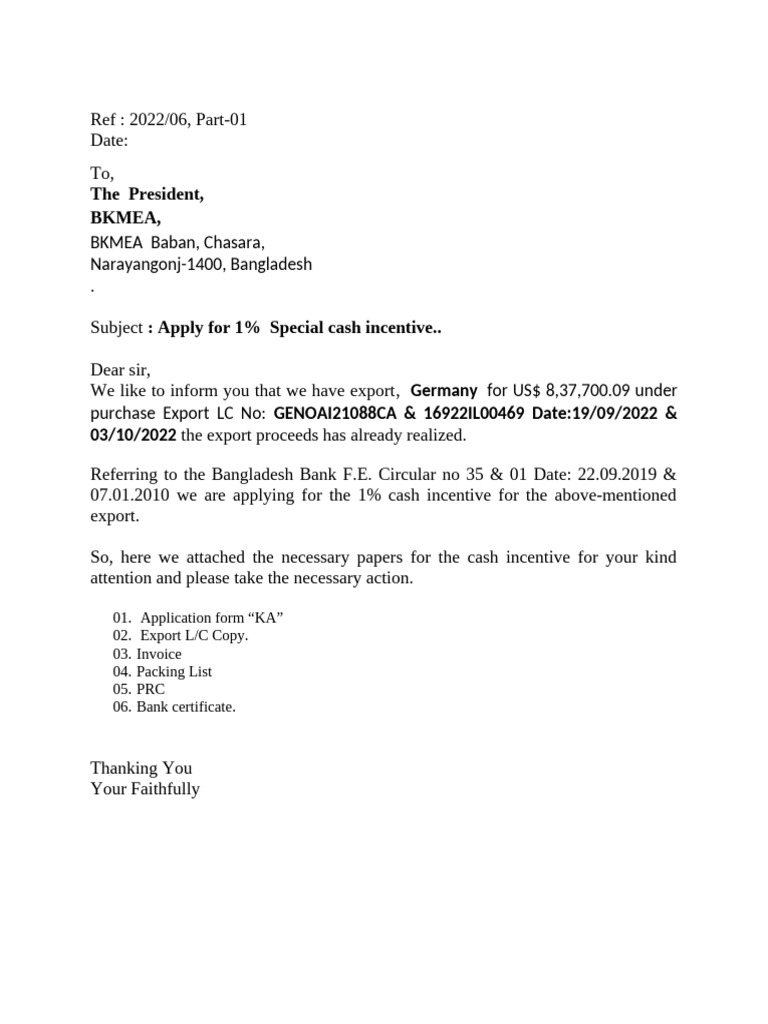 Cash Incentive Application Letter | PDF