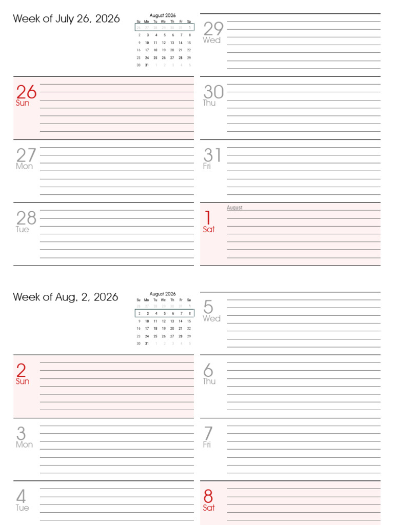 August 2026 Weekly Calendar | PDF