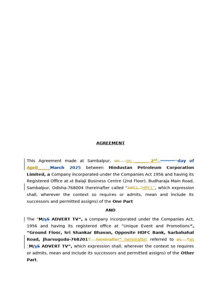 HPCL Hoarding Agreement with M/s ADVERT TV | PDF | Taxes | Indemnity
