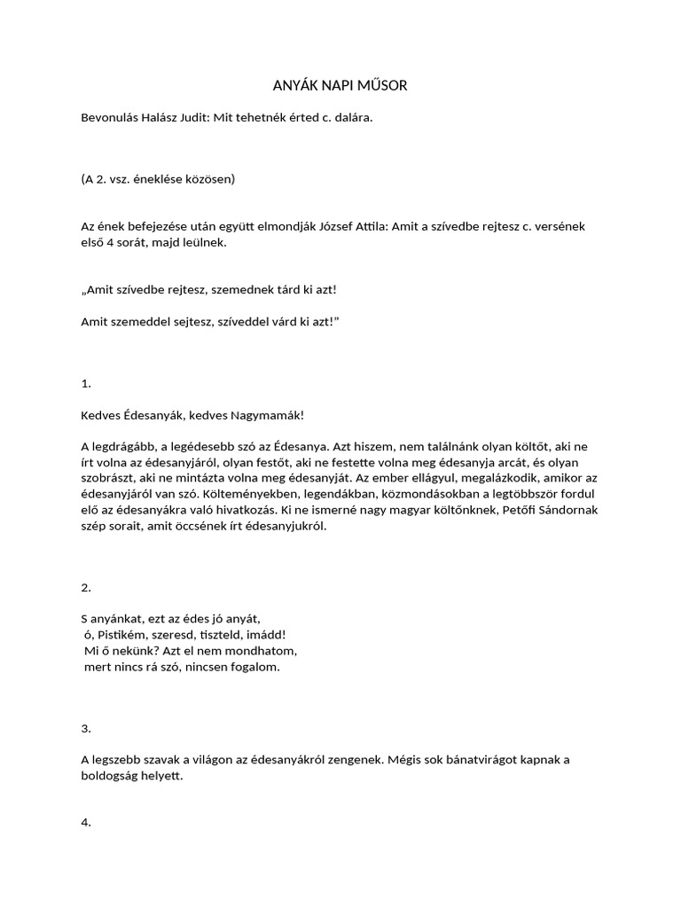 Anyák Napi Műsor 3.o | PDF