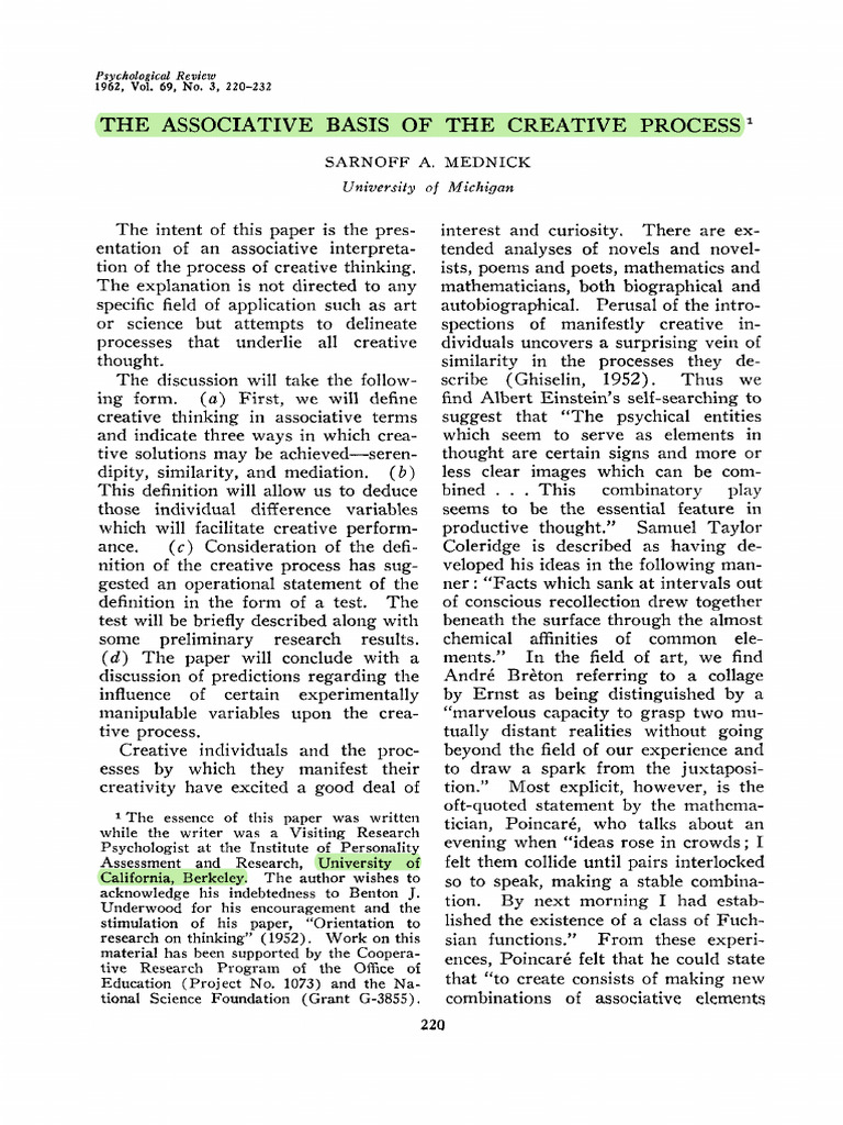 Mednick 1962 - The Associative Basis of The Creative Process | PDF | Creativity | Refrigerator