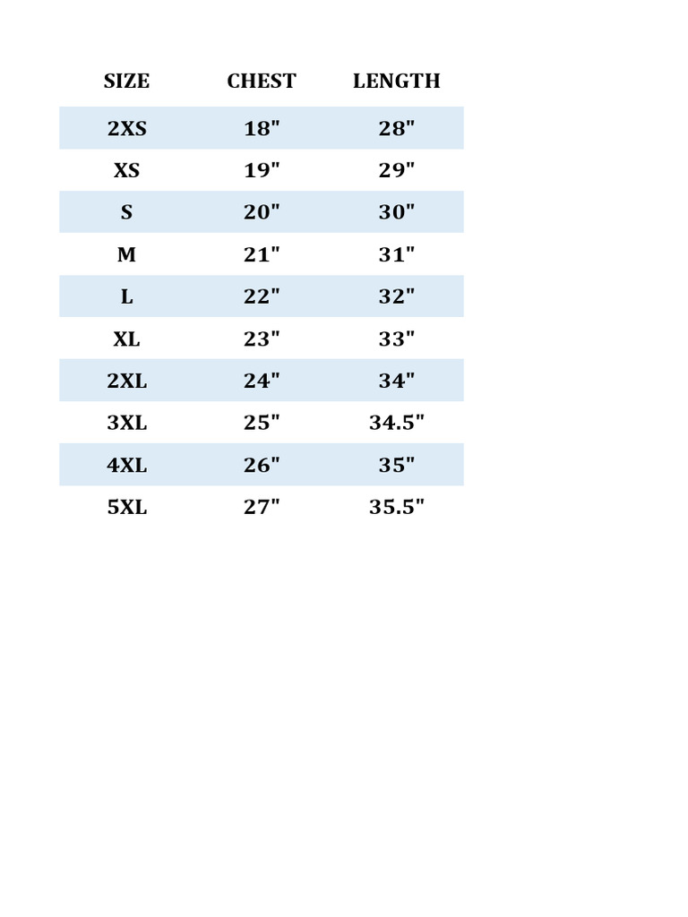 Size Chart: Chest and Length Measurements | PDF