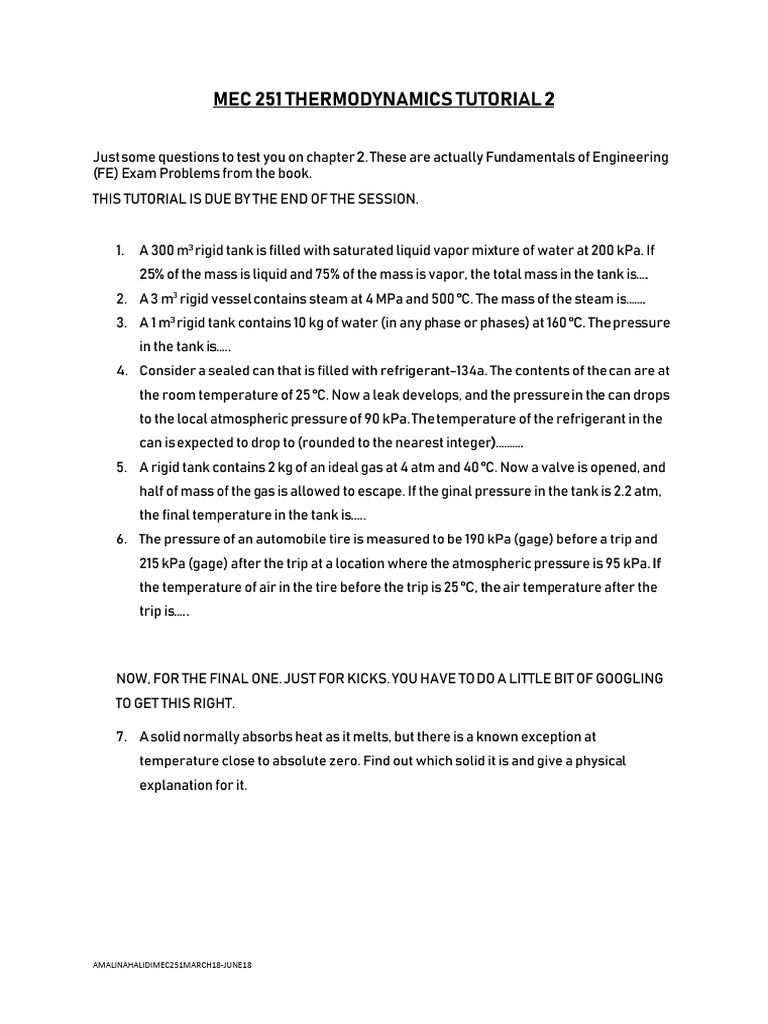 Mec 251 Thermodynamics Tutorial 2 | PDF