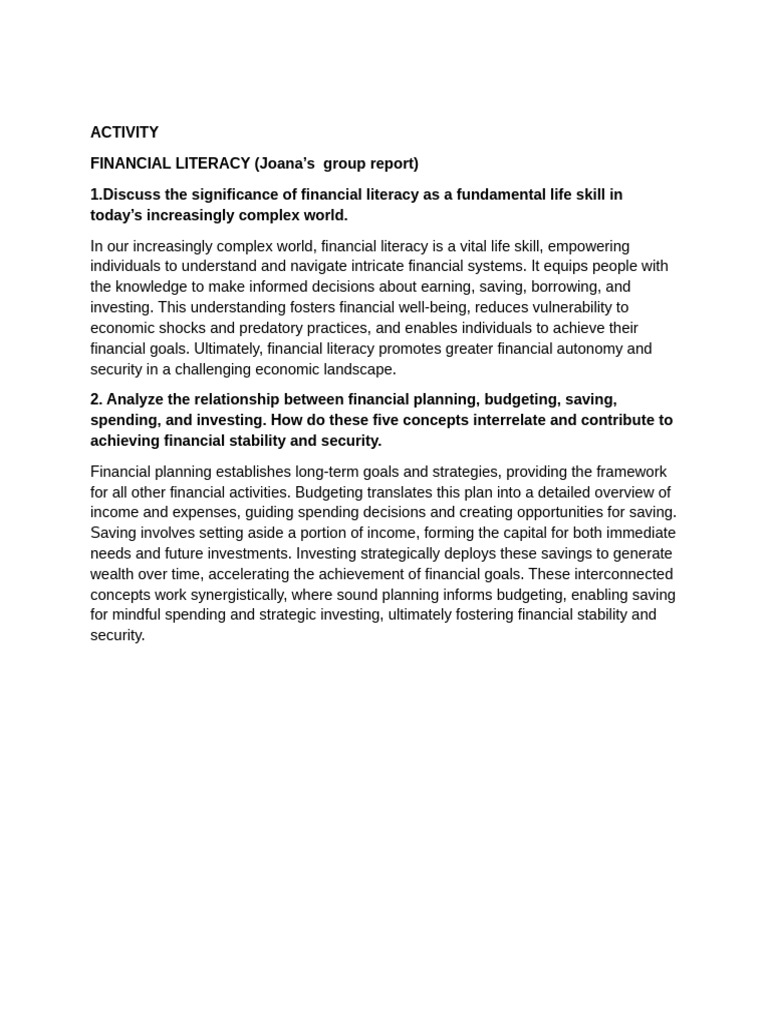 Activity - Financial Literacy | PDF