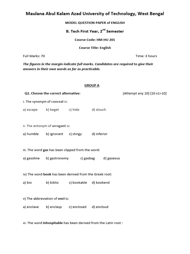 Model Question Paper of English30.4.2019 | PDF