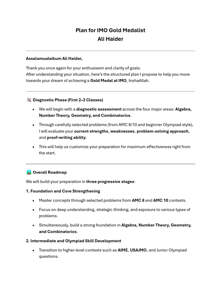 IMO Gold Medal Preparation Plan | PDF | Cognition | Learning